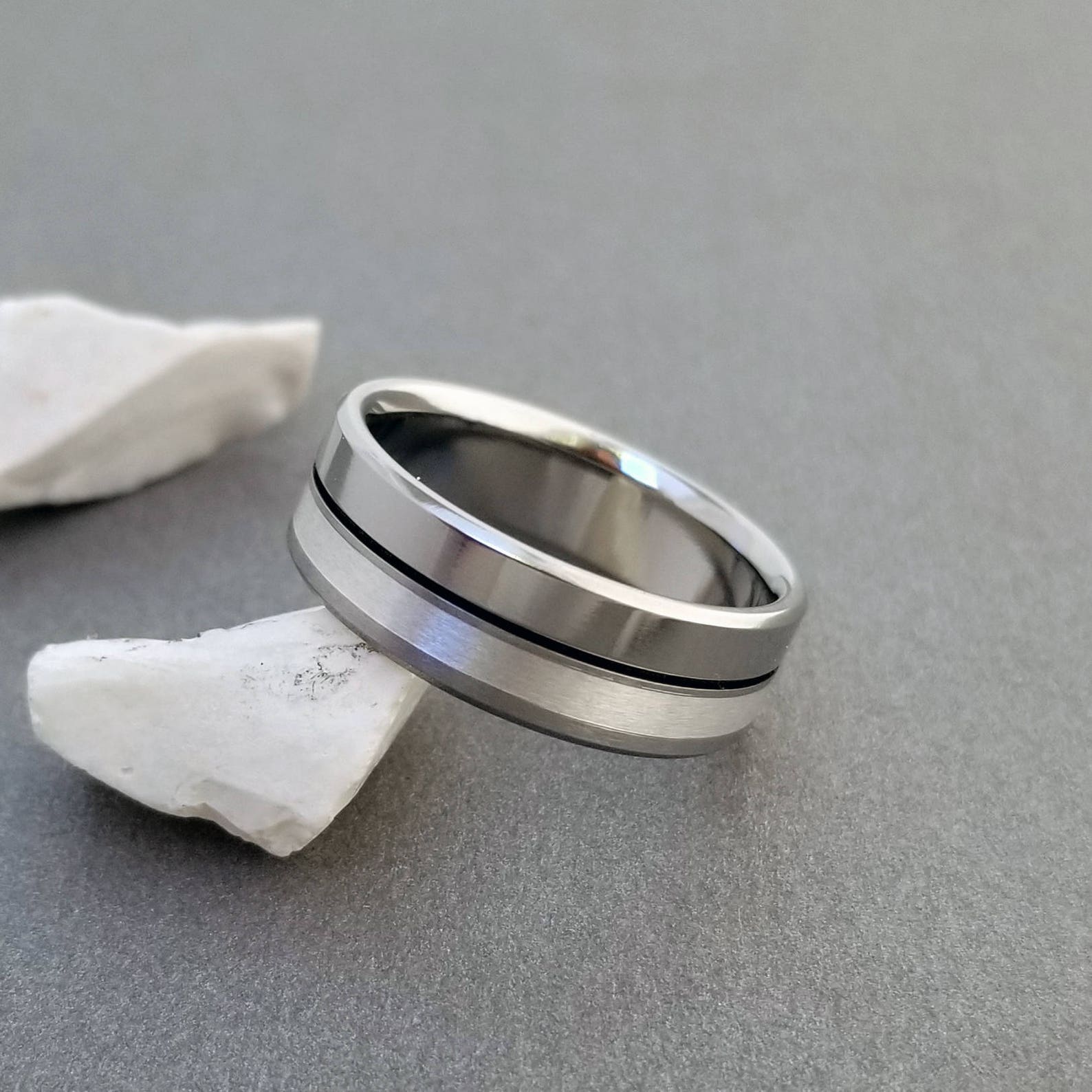 Sterling Silver and Titanium Wedding Ring wth a Black | Etsy