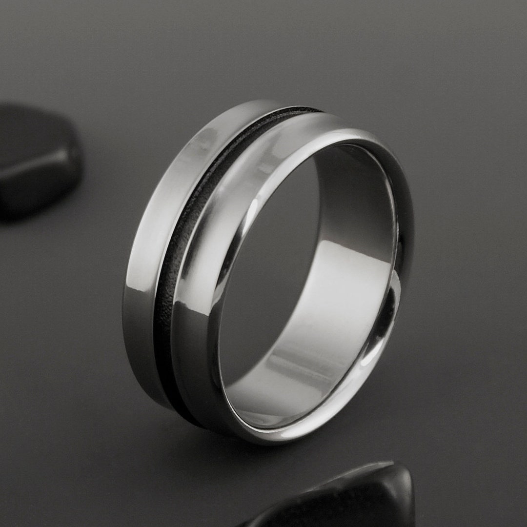 Titanium Black Wedding Ring With Textured Stripe, Unique Engagement or ...