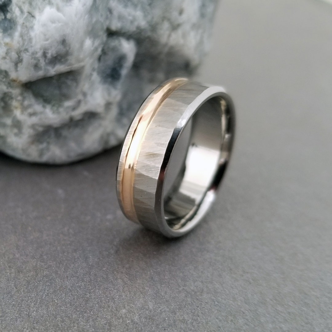 Unique Titanium and Rose Gold Ring With a Wood Grain Texture, Solid 18k ...