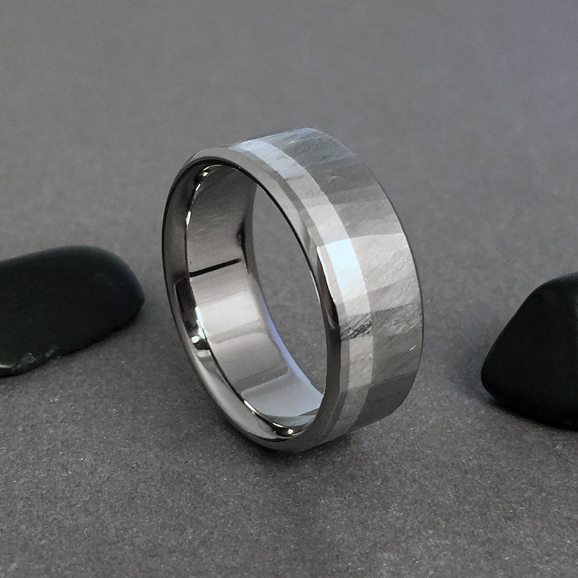 Textured Titanium Mens or Womens Ring with Offset Sterling | Etsy