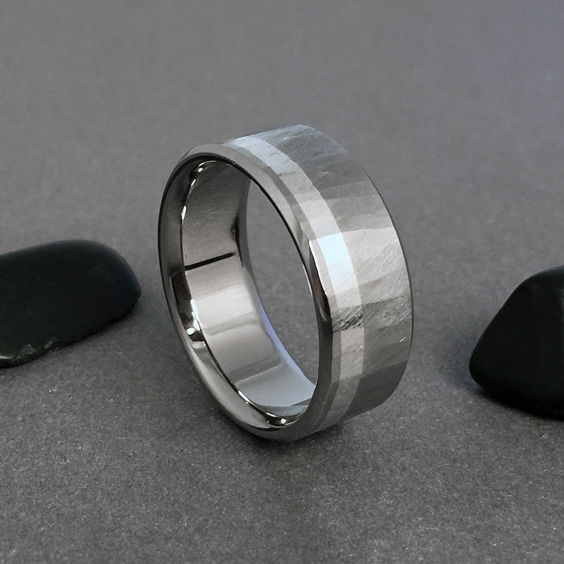 Textured Titanium Mens or Womens Ring With Offset Sterling Silver ...
