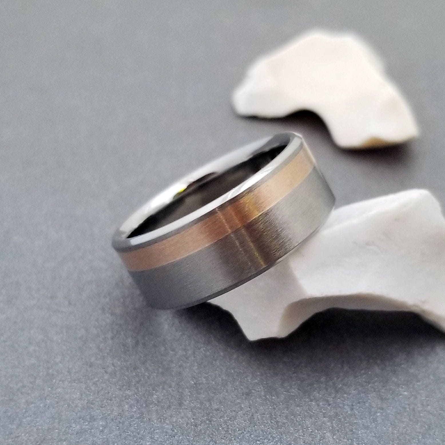 Titanium Wedding Ring With Wide Off Center Rose Gold Inlay | Etsy