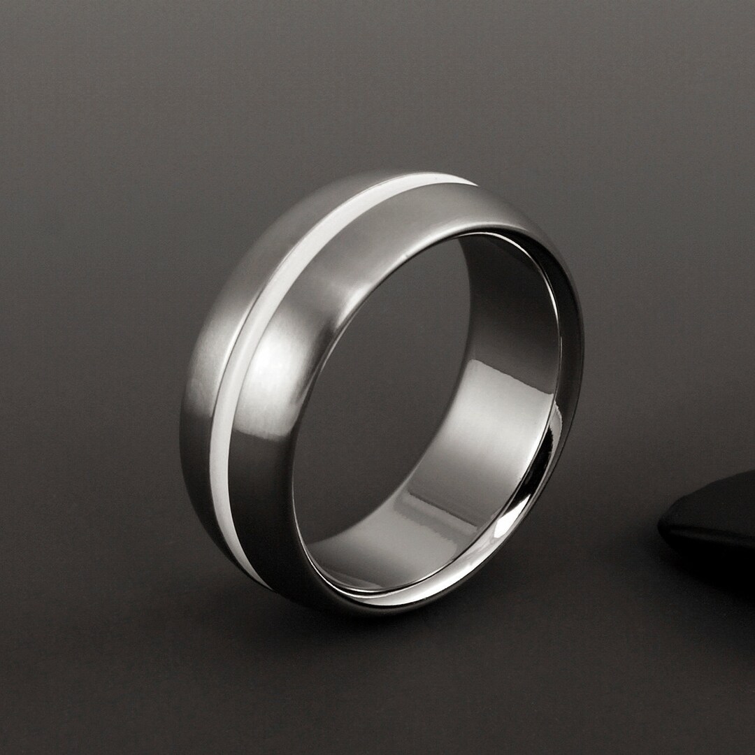 Titanium Ring With a Wide White Centered Stripe, Wedding Engagement or ...