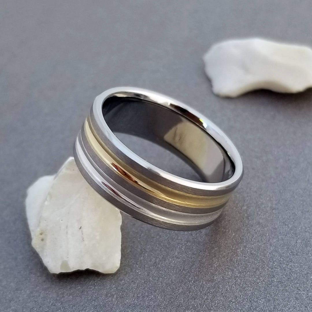 Handcrafted Titanium Ring With Two Stunning Concave Inlays of Solid 18k ...