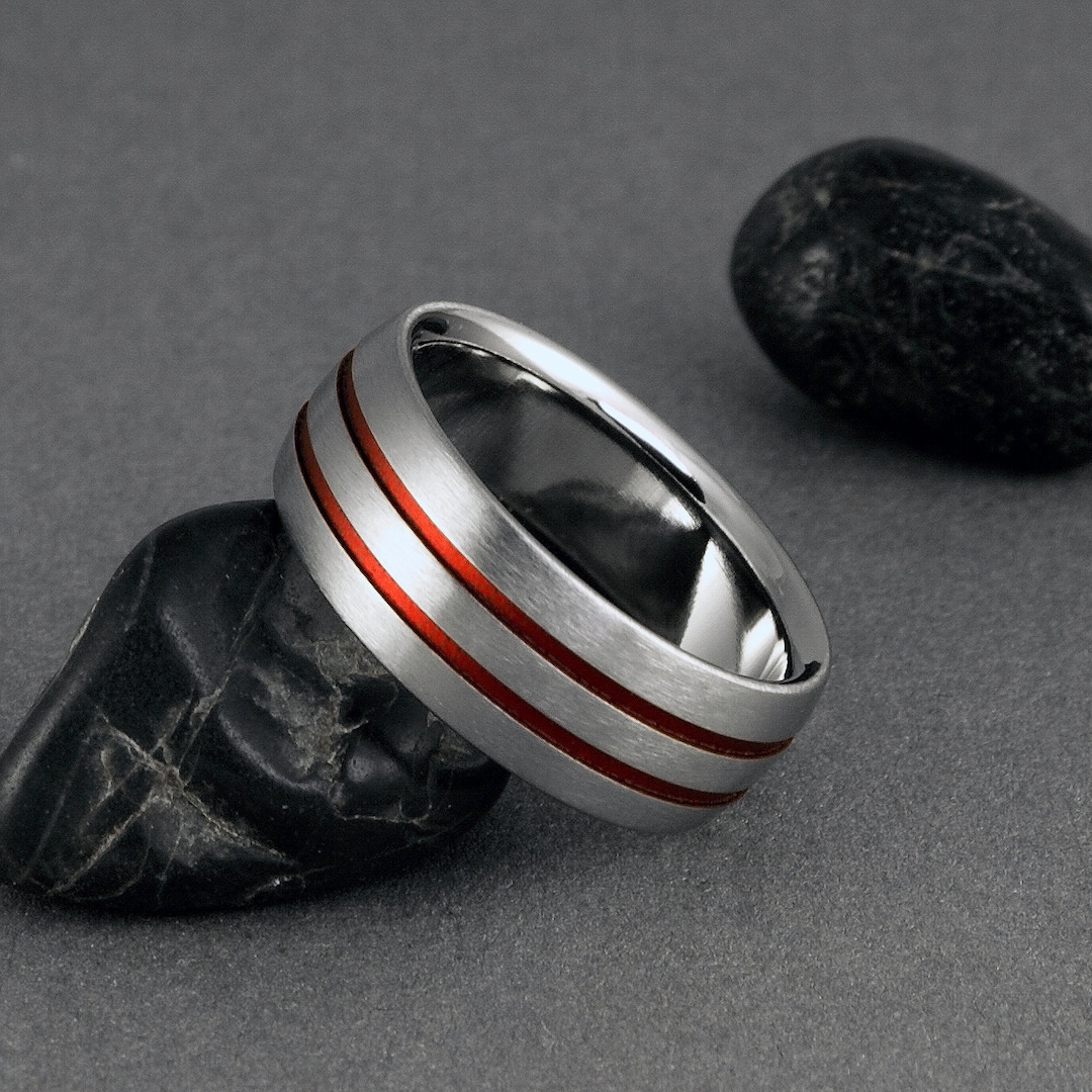 Titanium Red Wedding Ring With Beveled Edges Engagement or - Etsy