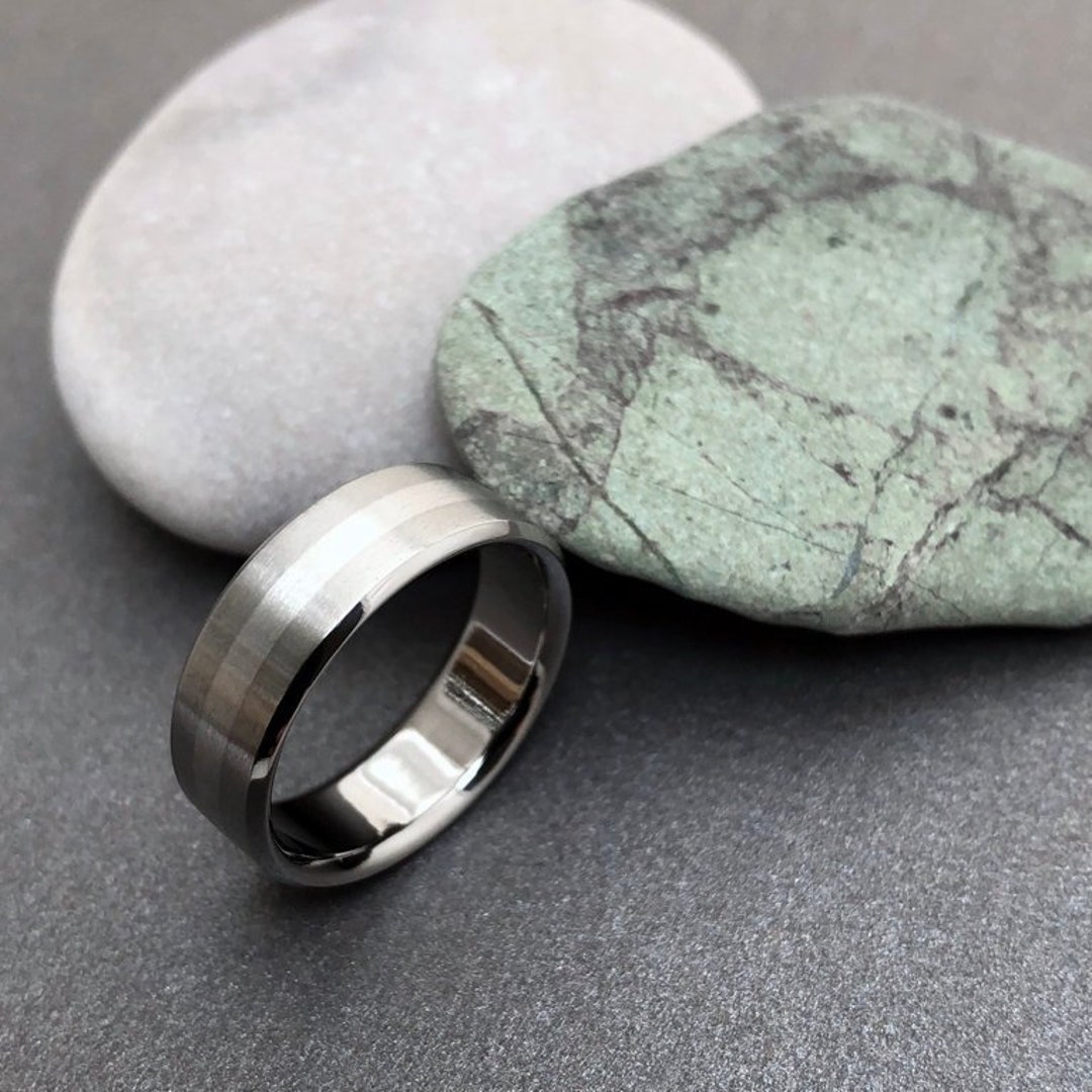 Titanium and Platinum Inlayed Ring, Mens or Womens Wedding Band, Flat ...