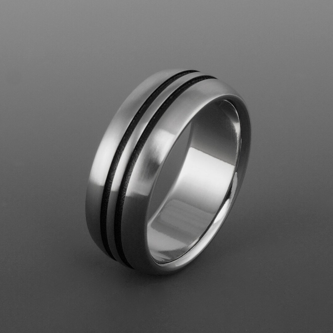 Simple Titanium Ring With Textured Black Stripes in a Domed Profile ...