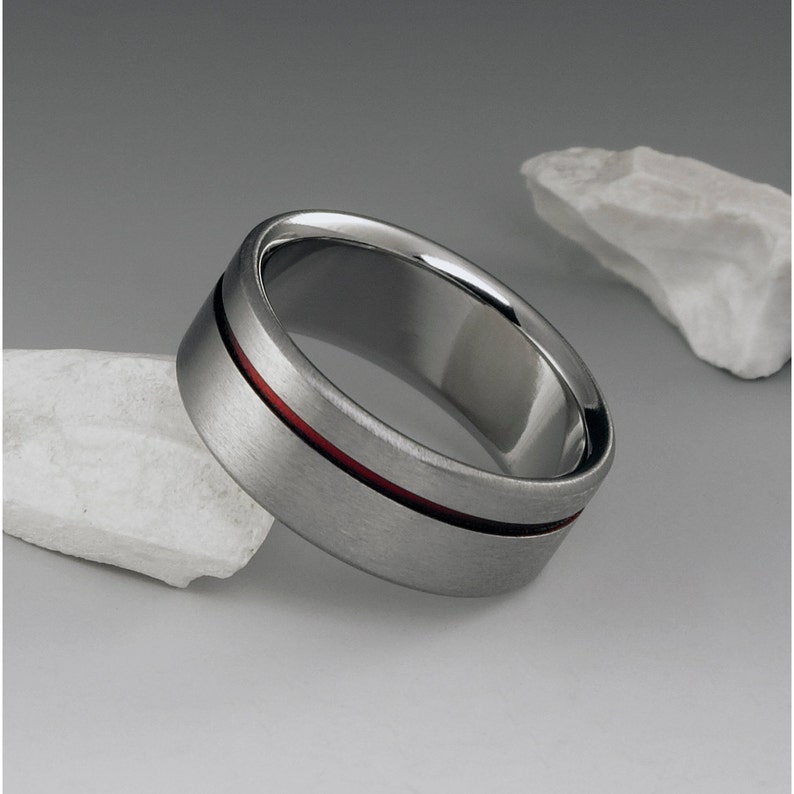 Red String of Fate Titanium Ring With off Center Red Stripe, Mens or ...