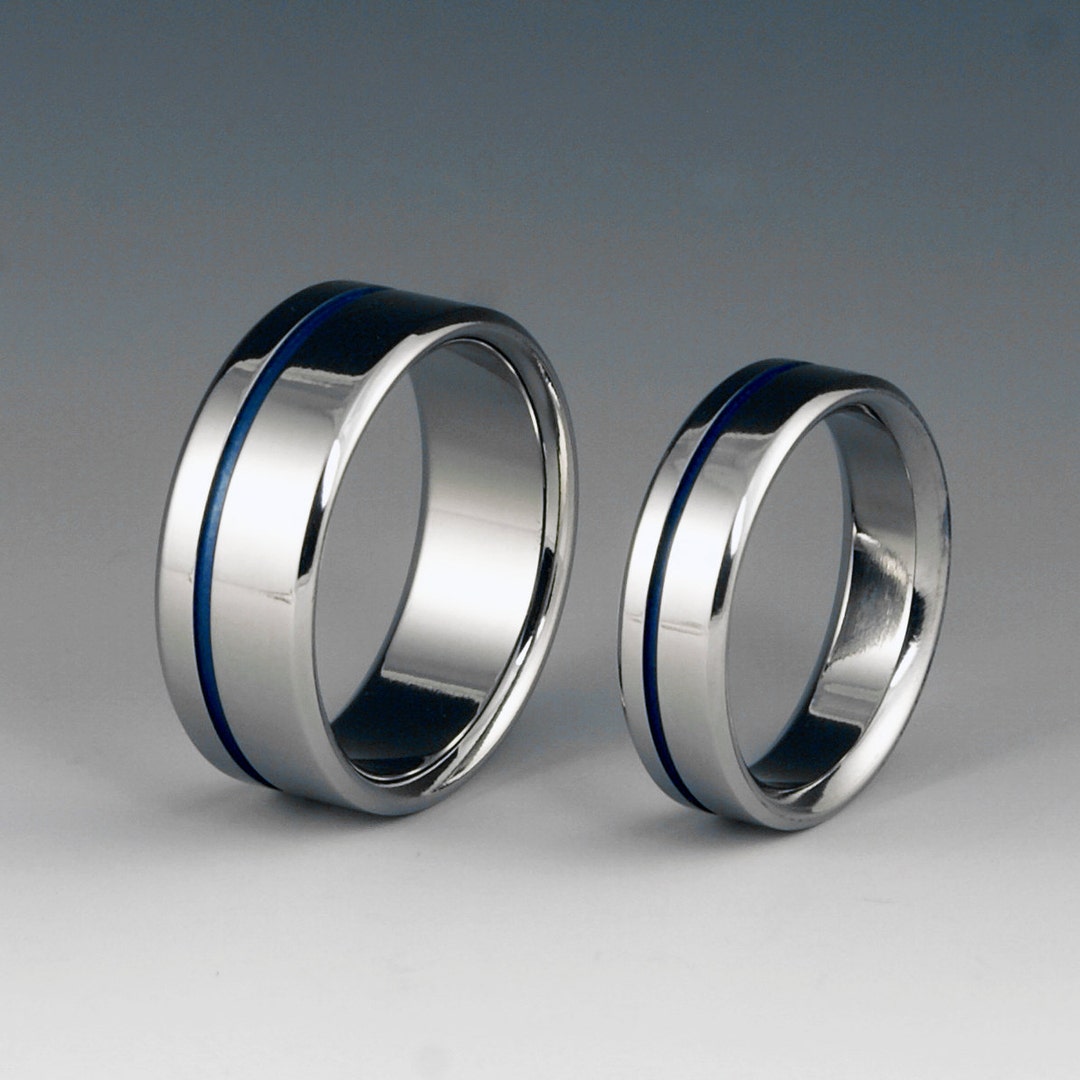 Titanium Ring Set, Wedding Rings, Promise Bands, off Centered Blue ...