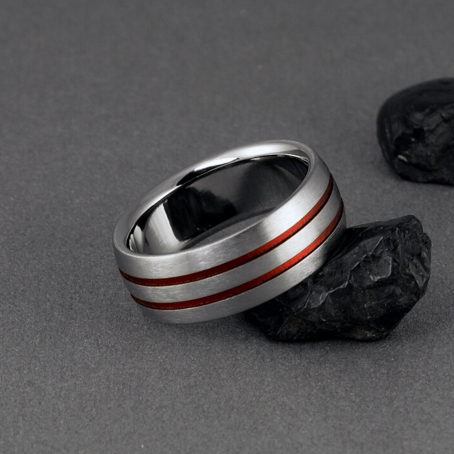 Titanium Red Wedding Ring with Beveled Edges Engagement or | Etsy