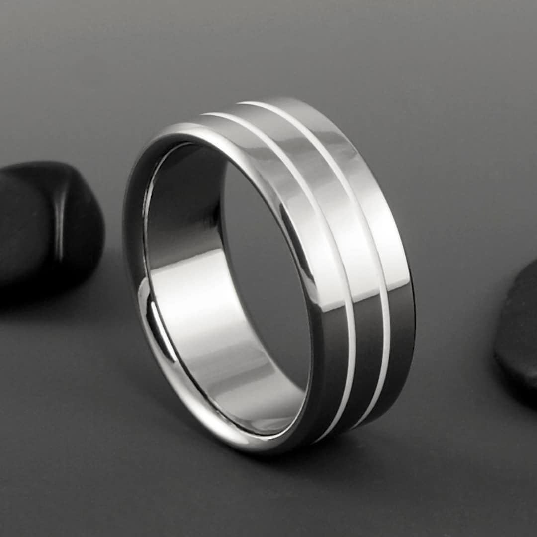 Titanium Ring With Thin White Pinstripes in a Flat Profile, Mens or ...