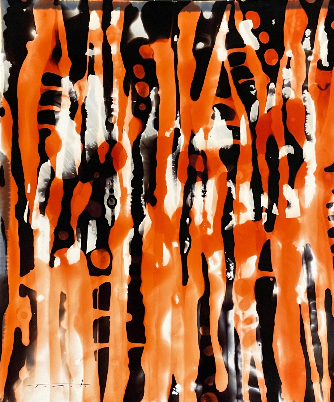 Jose Tonito Original Abstract Painting: Orange, Black, & White Fluid ...