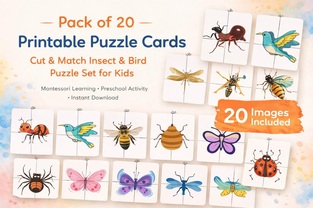 Insect Cut and Match Puzzle Cards, Montessori Preschool Activity (20 ...