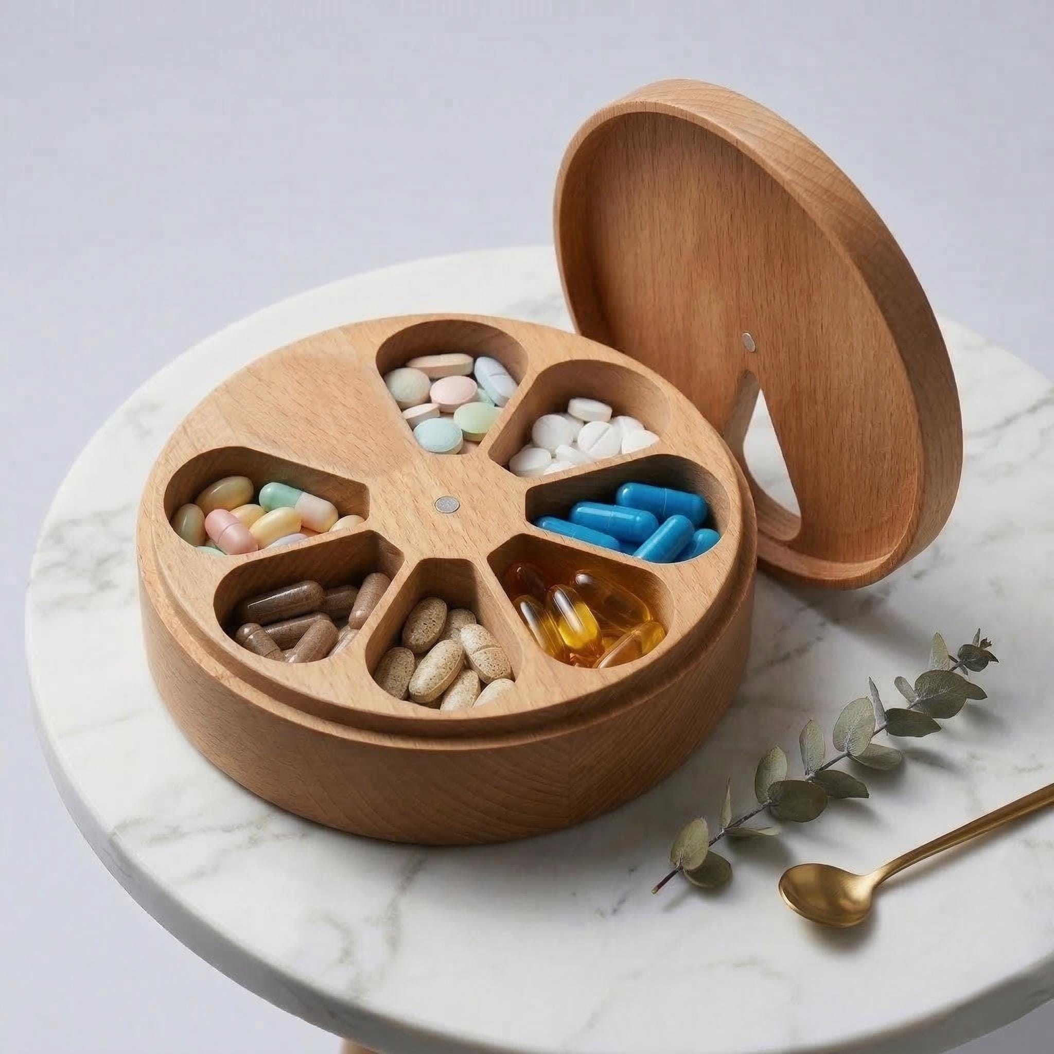 Solid Wood Round Pill Organizer Box | Minimalist Medicine Storage ...