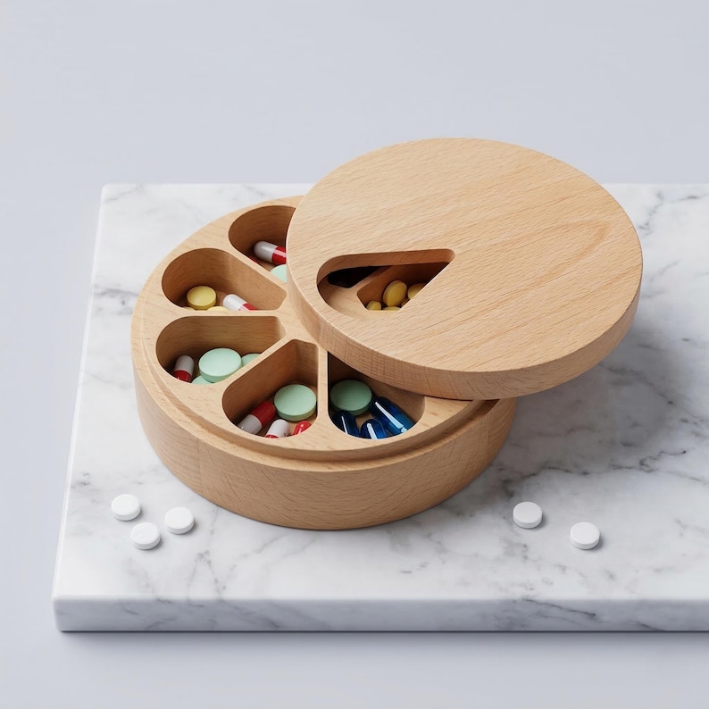 Solid Wood Round Pill Organizer Box | Minimalist Medicine Storage ...