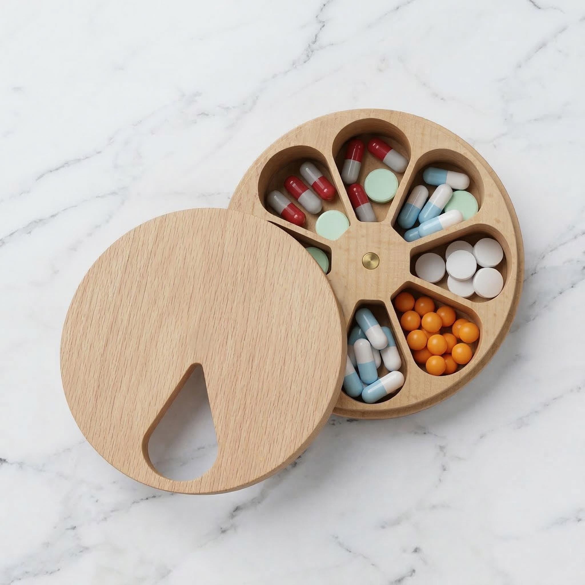 Solid Wood Round Pill Organizer Box | Minimalist Medicine Storage ...