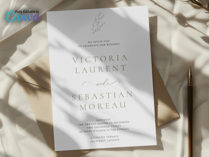 Minimal Editorial Wedding Invitation Template, Editable Canva Invite ...