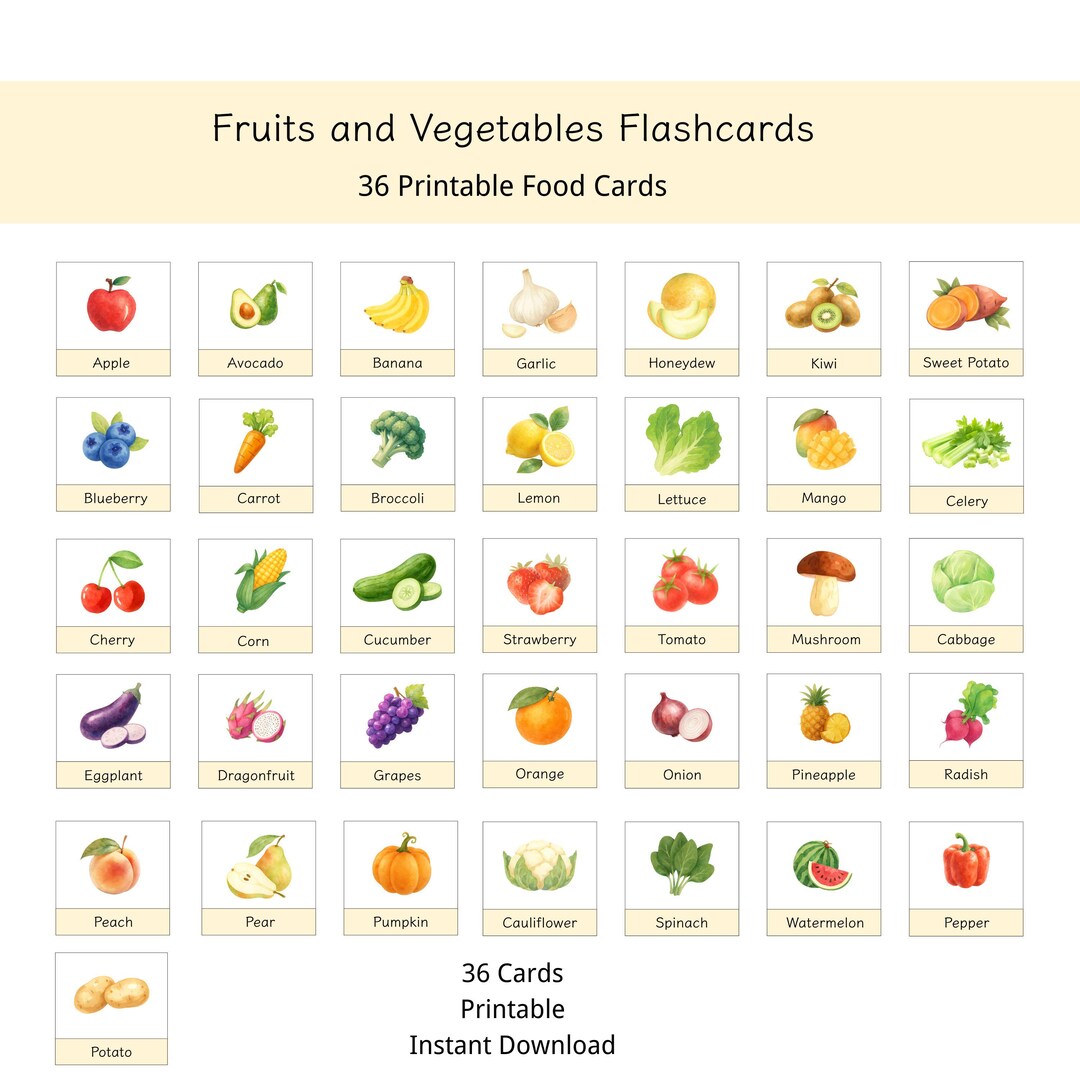 Fruits and Vegetables Flashcards | 36 Printable Food Cards (instant ...
