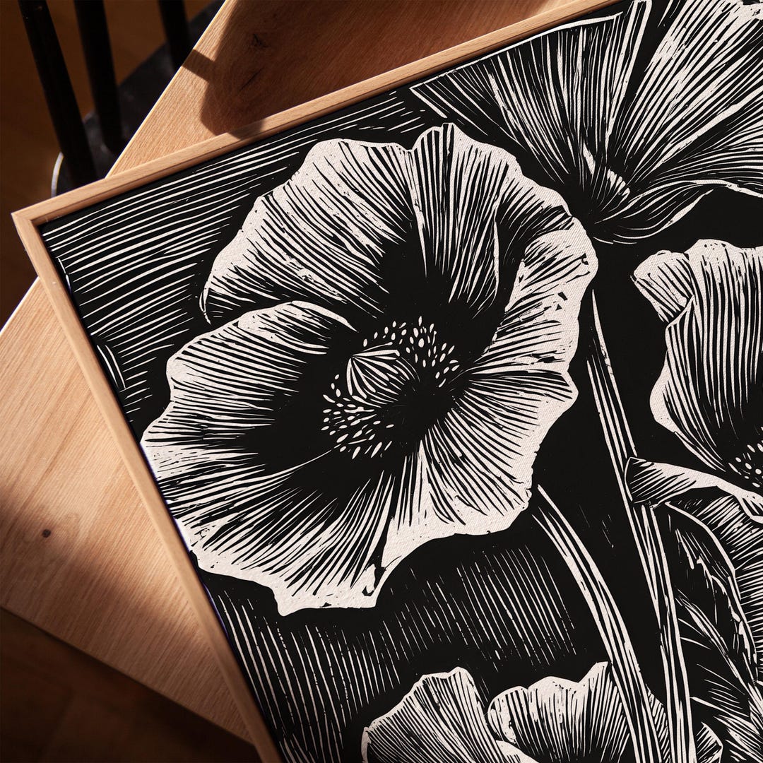 Linocut Botanical Flowers Print, Vintage Woodcut Floral Poster (digital ...