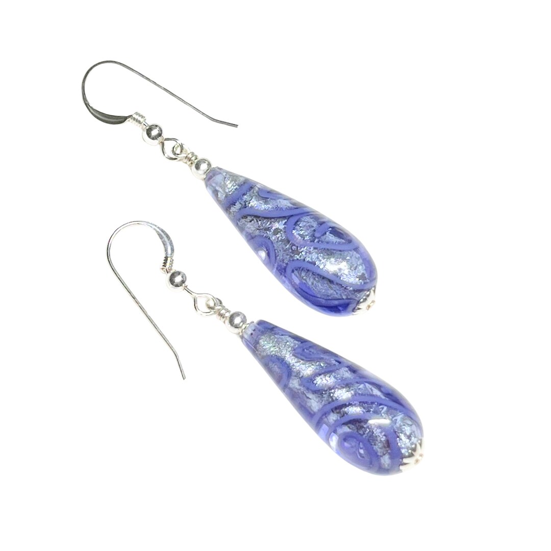 Murano Glass Periwinkle Swirl Long Teardrop Earrings, Sterling Silver ...
