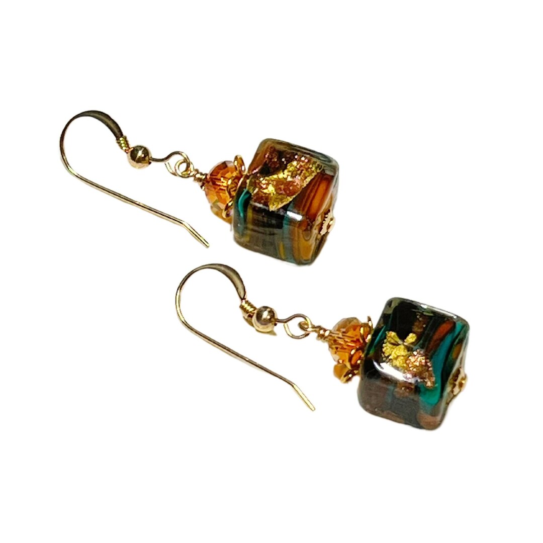 Murano Glass Colorful Fiesta Cube Gold Filled Dangle Earrings, Venetian ...