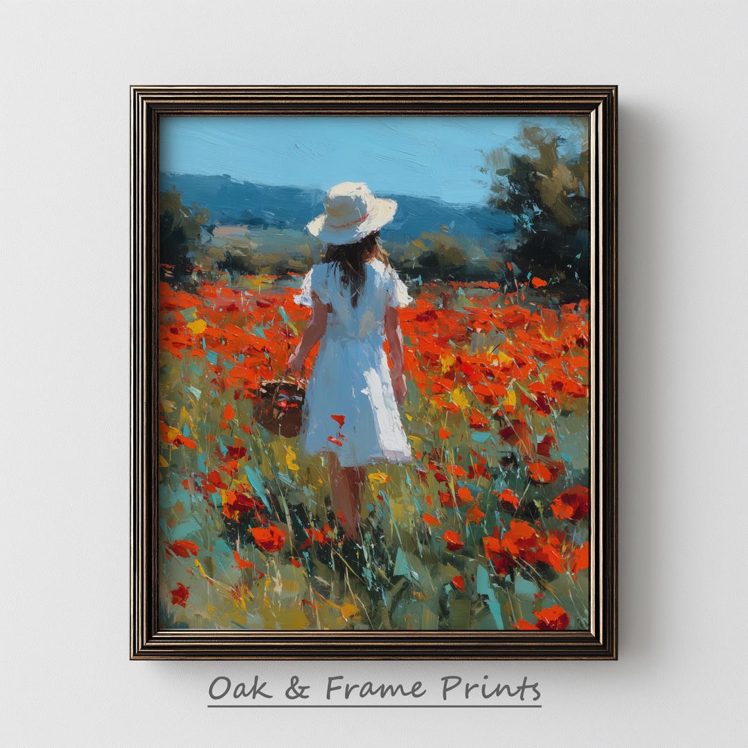 Rustic Printable Girl in Field of Poppies - Cottagecore Summer Art ...
