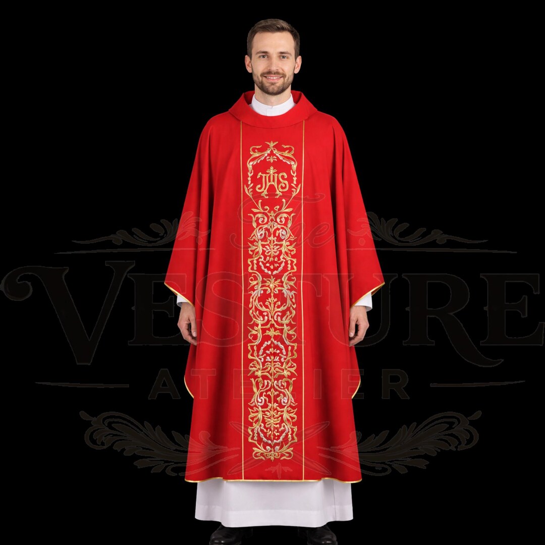Red Gothic Chasuble With Gold JHS Embroidery – Catholic Priest Vestment ...