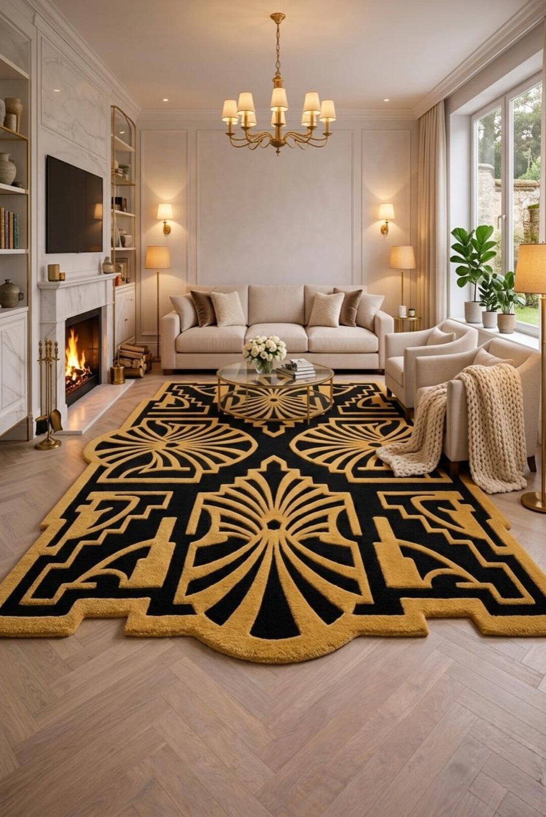 Art Deco Hand Tufted Wool Rug, Black Gold Geometric Statement Carpet - Etsy