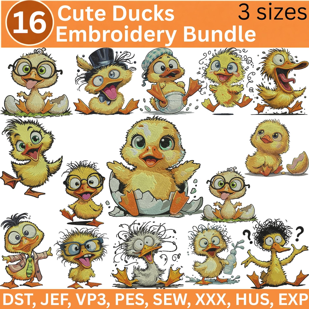 Cute Yellow Duck Embroidery Design Bundle – 16 Funny Ducklings Set ...