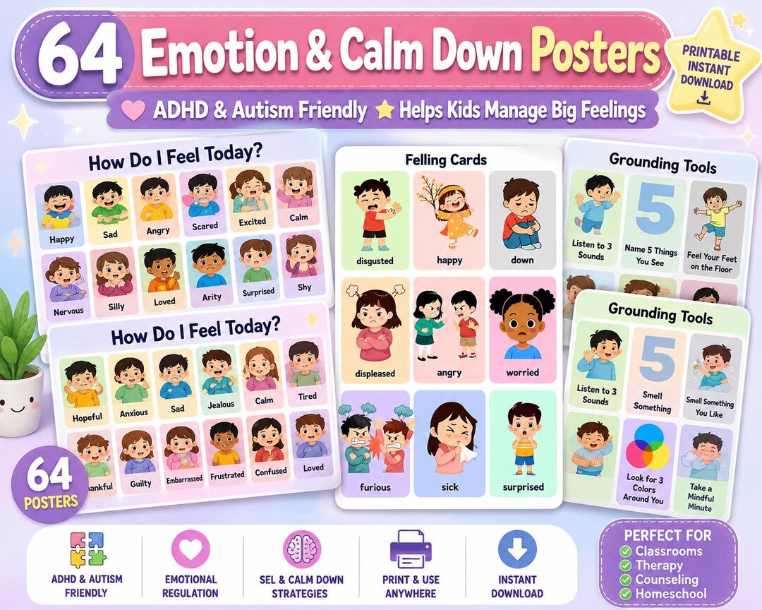 64 Emotion & Calm Down Posters for Kids | ADHD Autism Friendly Feelings ...
