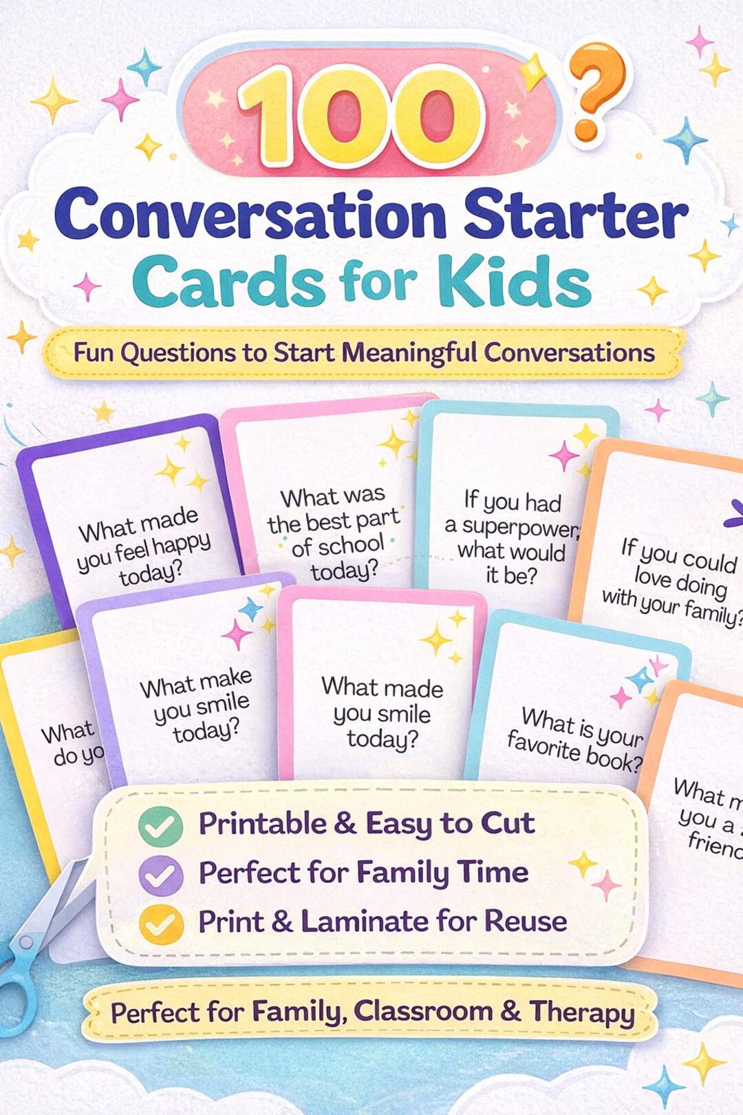 100 Kids Conversation Starter Cards | Printable Family Talking Prompts ...