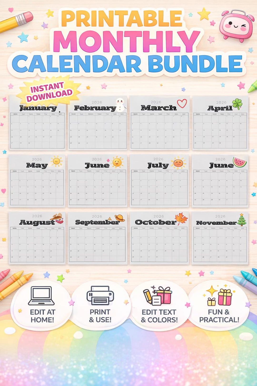 2026 Monthly Calendar Bundle | Minimalist Planner (PDF Download) - Etsy