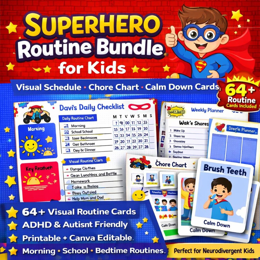Superhero Visual Schedule Bundle | ADHD Autism Routine Chart (digital ...