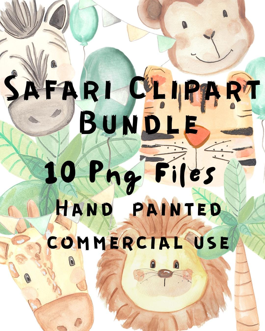 Safari Clipart Bundle: Watercolor Animals, Jungle Leaves, Party Banners ...