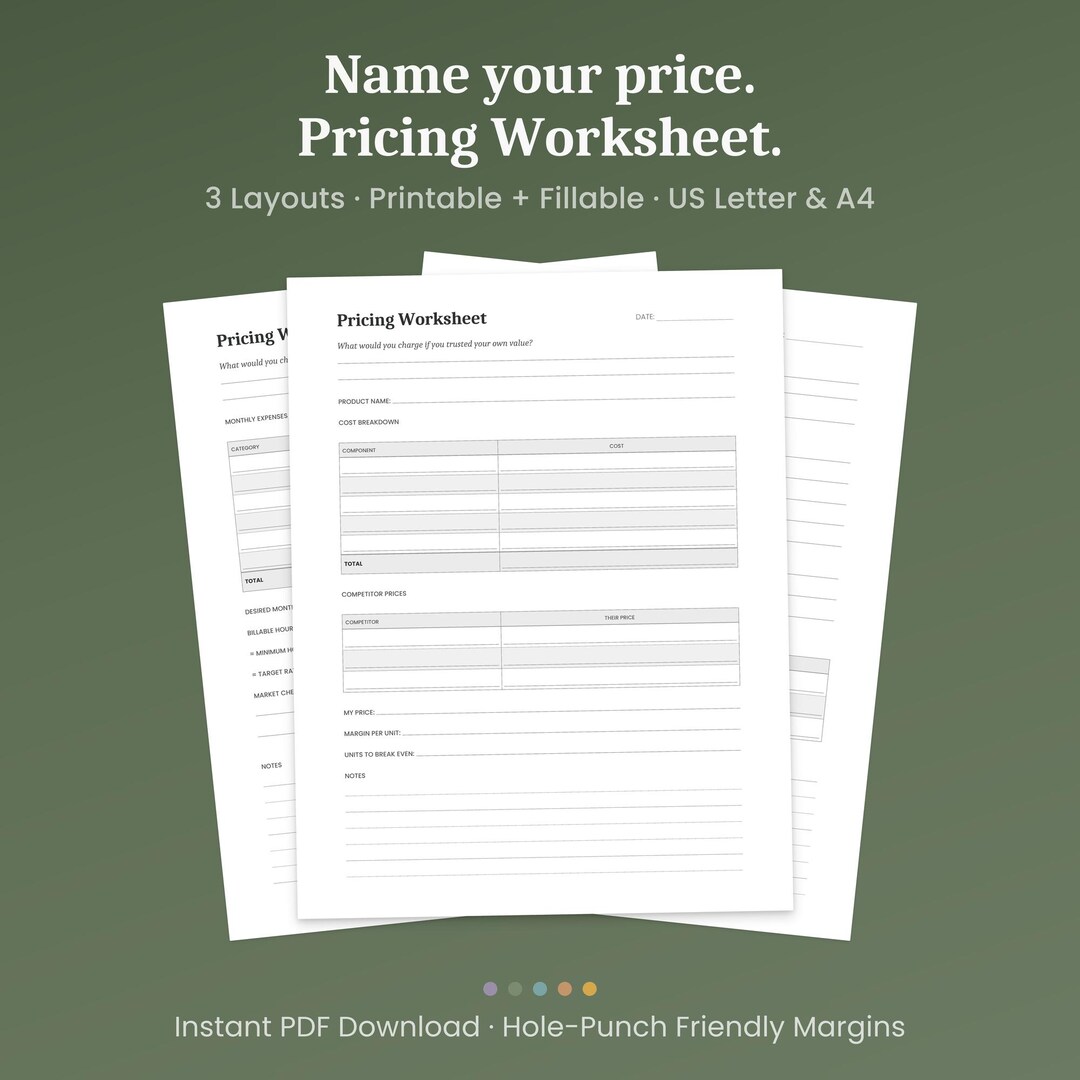 Pricing Worksheet Printable, 3 Layouts, Rate Calculator & Product ...