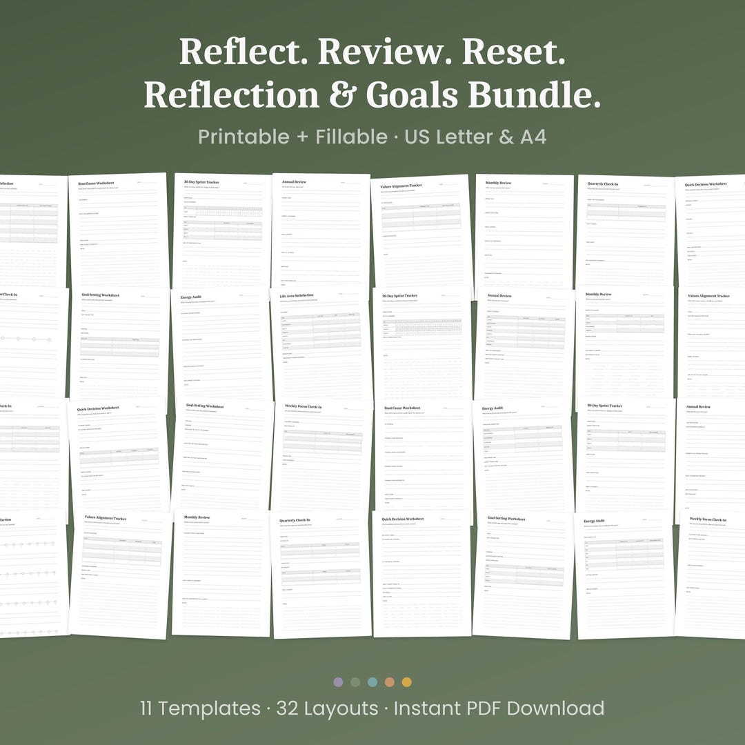 Reflection Bundle, 11 Templates & 32 Layouts, Weekly Monthly Quarterly ...