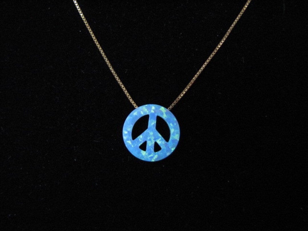 Blue Opal Peace Sign Charm Pendant on 14K Gold Chain Necklace - Etsy