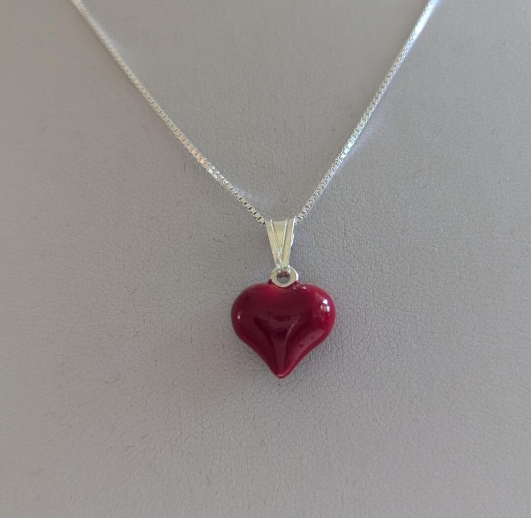 Red Heart Charm Necklace, Fire Red Enamel Heart Pendant on Sterling ...