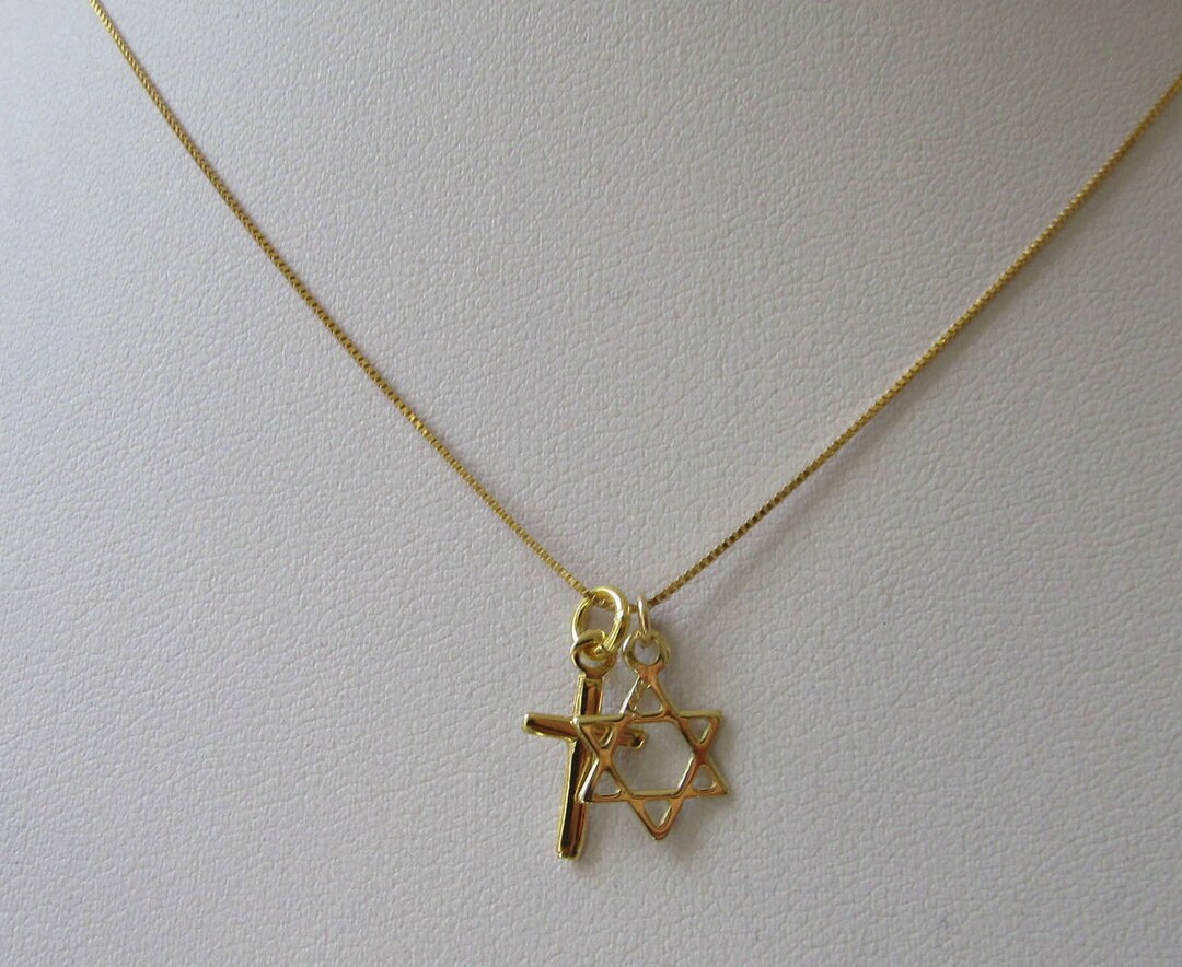 14K Gold Interfaith Necklace, Gold Star of David Pendant and Cross ...