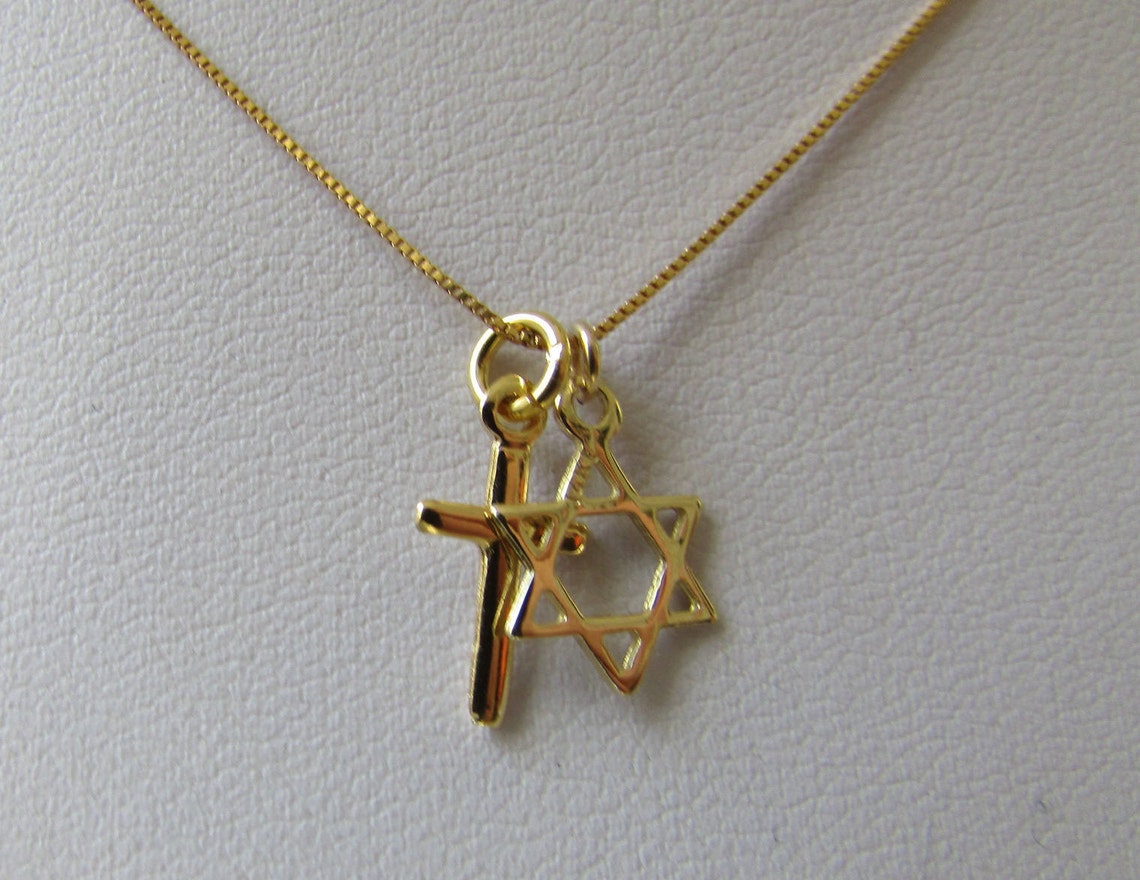 14K Gold Interfaith Necklace, Gold Star of David Pendant and Cross ...