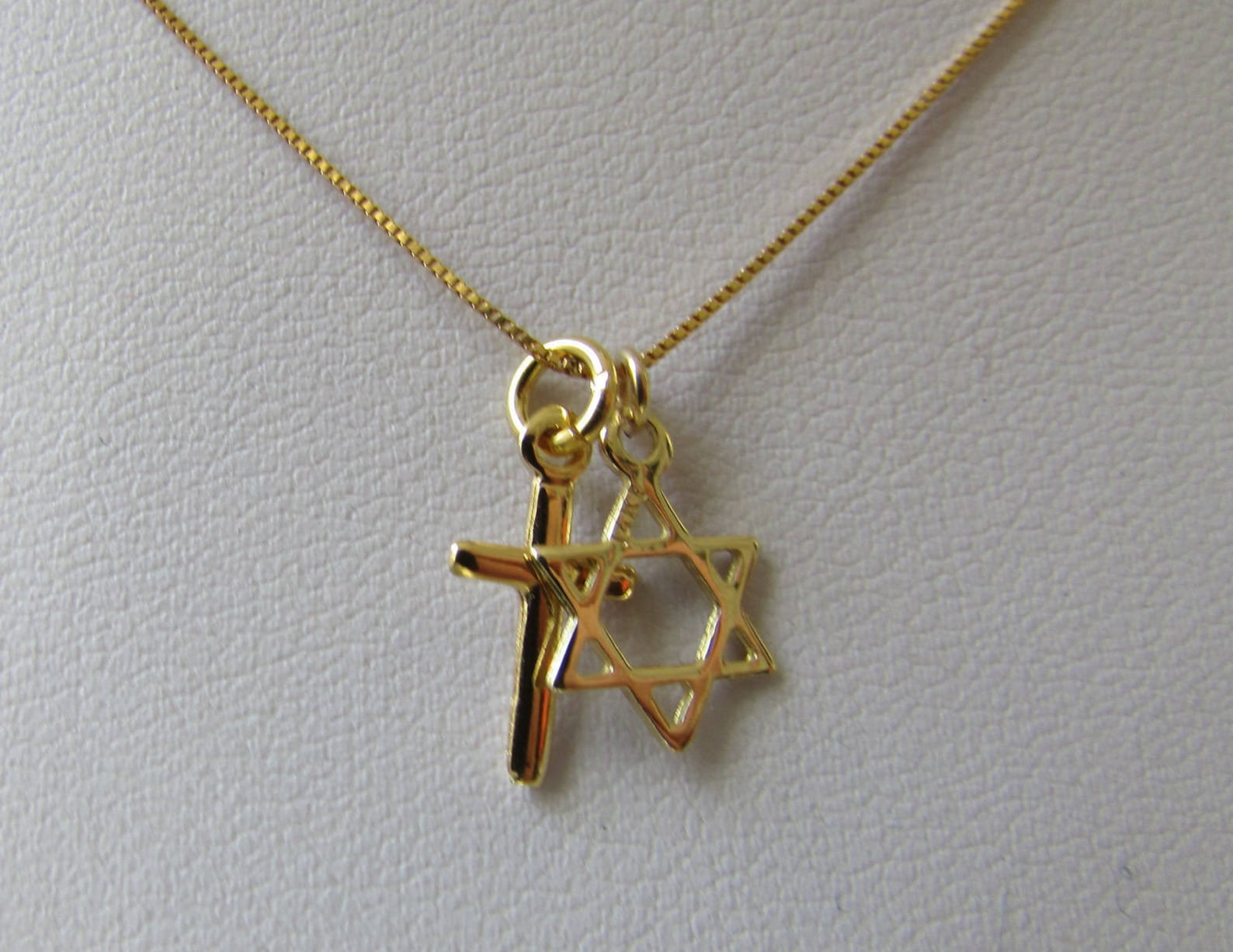 14K Gold Interfaith Necklace, Gold Star of David Pendant and Cross ...