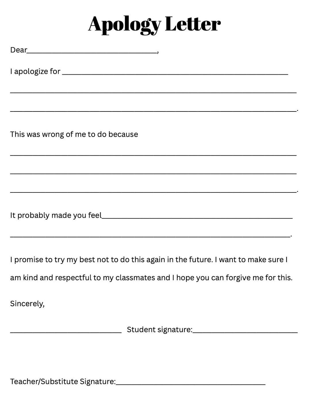 Elementary/ Middle School Student Letter of Apology and Reflection ...