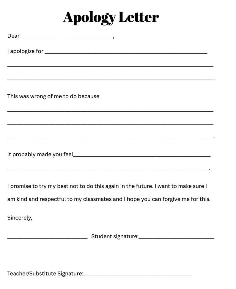 Elementary/ Middle School Student Letter of Apology and Reflection ...