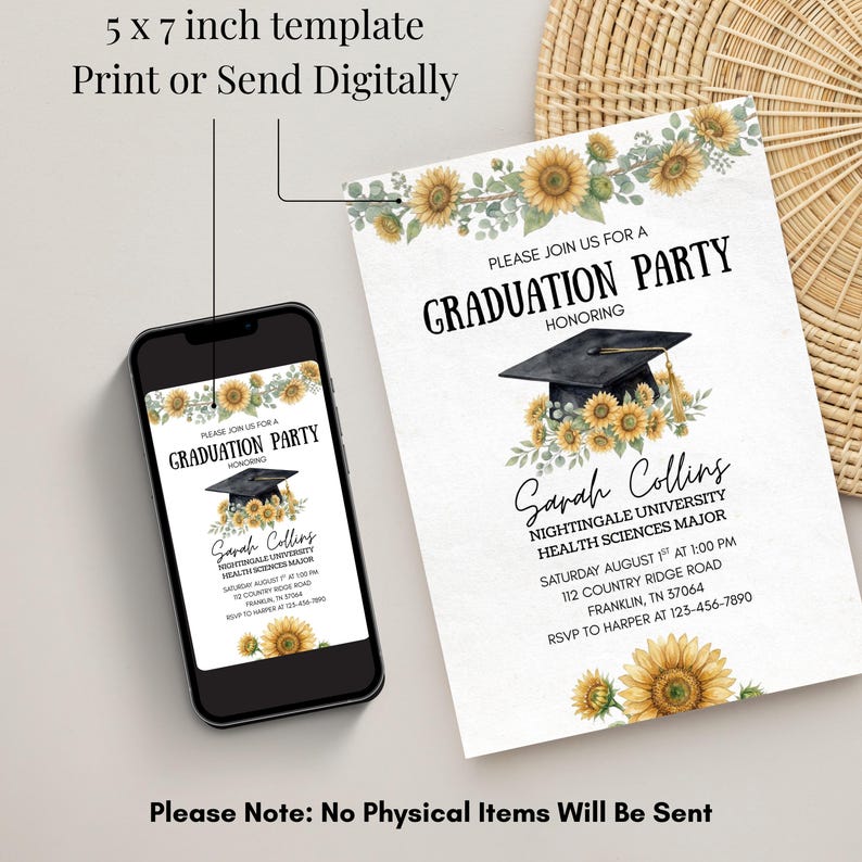 Sunflower Graduation Party Invitation & Thank You Note, Rustic Boho ...