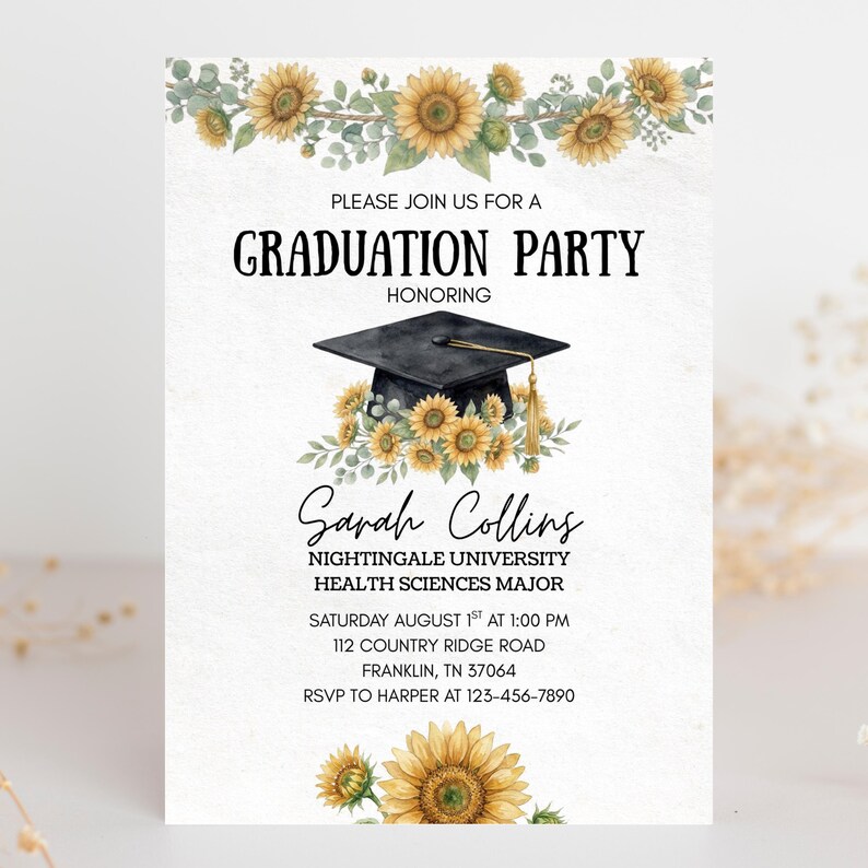 Sunflower Graduation Party Invitation & Thank You Note, Rustic Boho ...