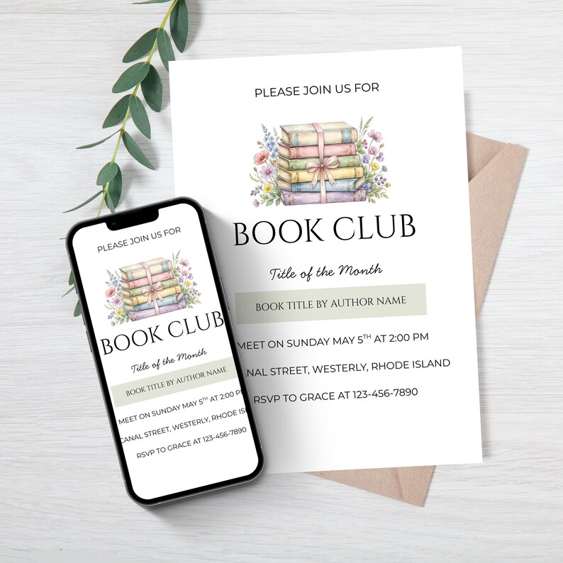 Wildflower Book Club Invitation, Green Bookish Party Invite, Editable ...
