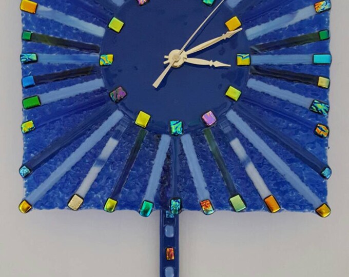 Pendulum Clock, Fused Glass Pendulum Clock, Multi Colored Blue With ...