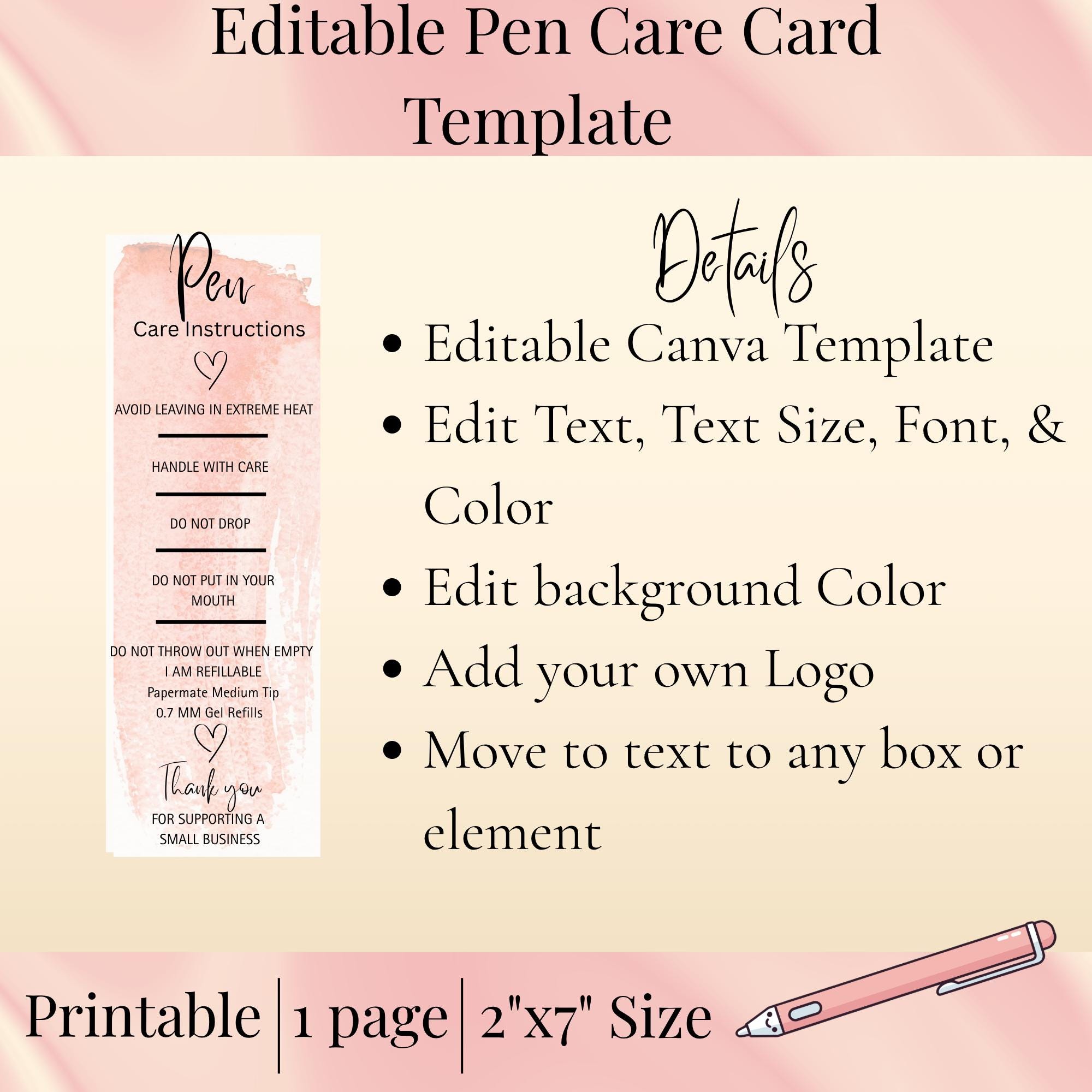 Editable Pen Care Card Template, Small Business Packaging Insert (2