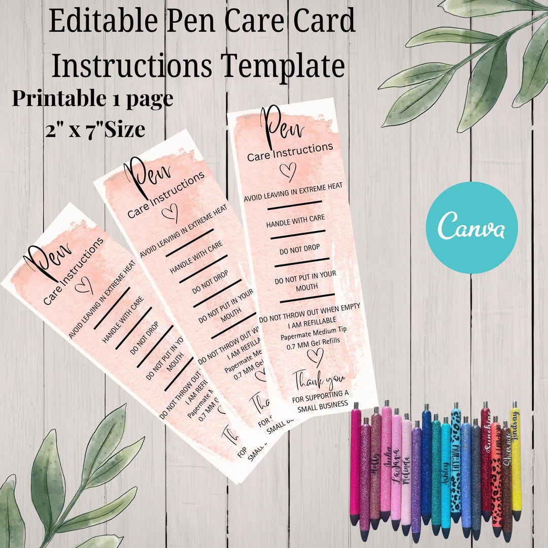 Editable Pen Care Card Template, Small Business Packaging Insert (2