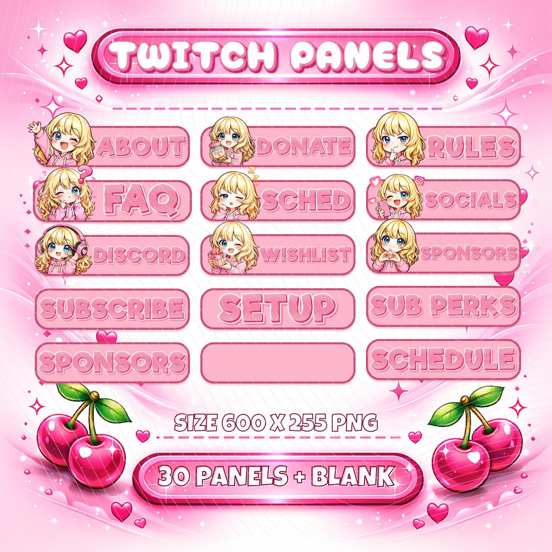 30 Twitch Panels Bundle – Pink Chibi Anime Girl Streamer Panels – About ...
